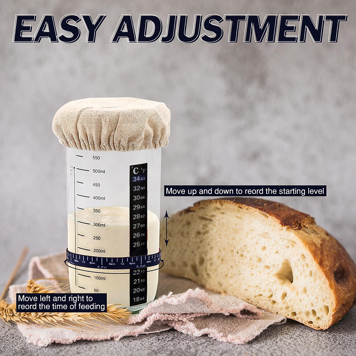 Sourdough Starter Jar with Lid Set, 550ml Glass Round Jar Reusable Wide Mouth Jar with Scale + Silicone Scraper + Cloth Cover for Bread Fermentation Various Flour, 6Pcs