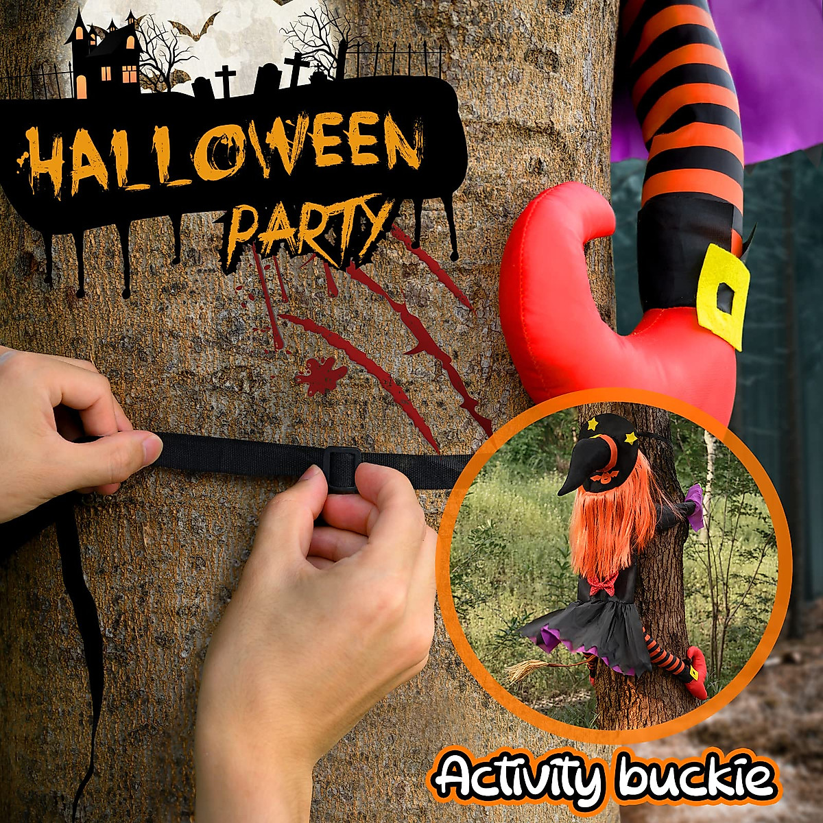 Large Crashing Witch Decor(55'' H), Halloween Decorations Clearance Outdoor Witch Props Ornaments, Hanging into Tree/Porch Pole/Door/Yard, with Adjustable Band, Outside Garden Funny Witches Crashed