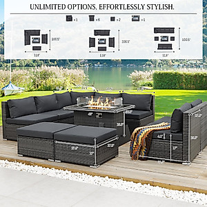 BULEXYARD Grey PE Wicker Patio Furniture Sectional Conversation Sofa Set with 43" Propane/Natural Gas Fire Pit Table, Large Size High Back Outdoor Furniture Set with Fireplace(10Pcs, Dark Grey)