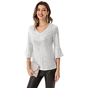 Sequin Tops for Women Sexy Shiny Metallic Sparkly Glitter Party Blouse Silver S