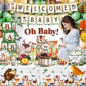 cocomigo 292pcs Woodland Baby Shower Decorations Baby Shower Decorations Neutral Animals Baby Shower Decorations Boys Girls Woodland Baby Shower Ideas pack for 20 Guest