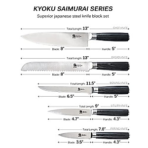 KYOKU 5-Knife Set with Block, 8” Chef Knife + 8” Bread Knife + 6.5” Boning Knife + 5” Utility Knife + 3.5” Paring Knife – Premium Japanese Steel Cutlery Kitchen Knives Set with Wooden Block