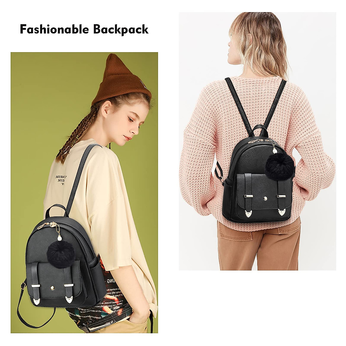 Girls Cute Mini Backpack Purse Fashion School Bags PU Leather Casual Backpack for Teens Women Black