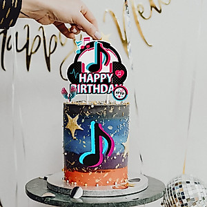 25Pcs Tik Music Happy Birthday Cake Toppers，Musical Tik Cupcake Toppers for Girl's Music Karaoke Themed Party Supplies，Music Birthday Party Decorations