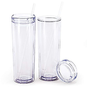 Maars Skinny Acrylic Tumbler with Lid and Straw | 18oz Premium Insulated Double Wall Plastic Reusable Cups - Clear, 2 Pack