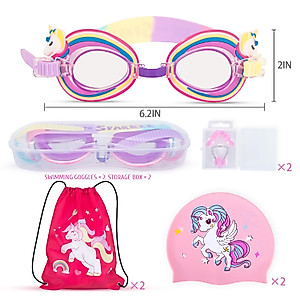 foci cozi 8PCS Unicorn Kids Swim Goggles Set,FOZI COZI Swim Goggles for Kids 6-14,Kids Goggles for Swimming 4-7(Includes Swim Cap,Nose Clip,Earplugs & Storage Bag) (FC-052023-001)