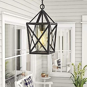 zeyu Outdoor Pendant Lights for Porch, Exterior Hanging Lantern in Black Finish with Clear Glass, ZD18-H BK