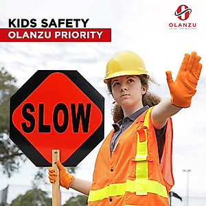 OLANZU Handheld Stop Slow Sign with Wooden Handle - 12" x 12" Double sided Crossing Guard Stop Sign - Honeycomb Reflective Road Sign,Aluminum Sign - Easy to Install