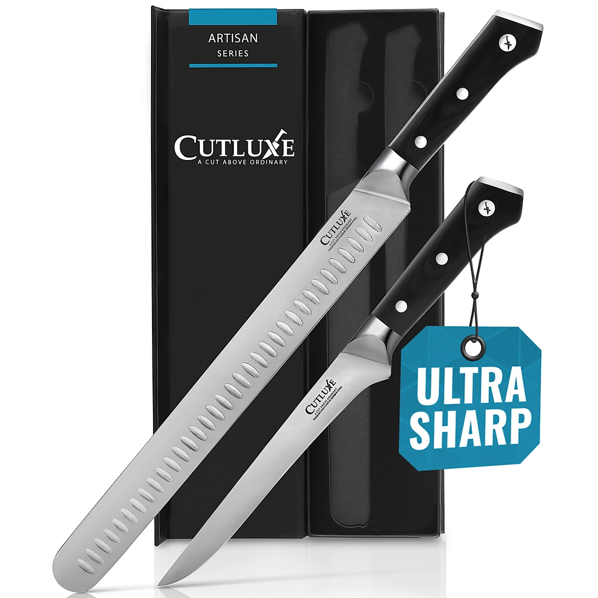 Cutluxe BBQ Carving Knife Set – Brisket Slicing Knife and Boning Knife for Meat Cutting – Professional Knife with Razor Sharp German Steel, Full Tang, Ergonomic Handles – Artisan Series