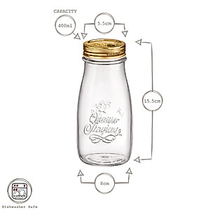 Bormioli Rocco Quattro Stagioni, Glass Canning Jar and Drinking Bottle, 13.5 Oz. with Gold Metal Airtight Lid, Made in Italy.