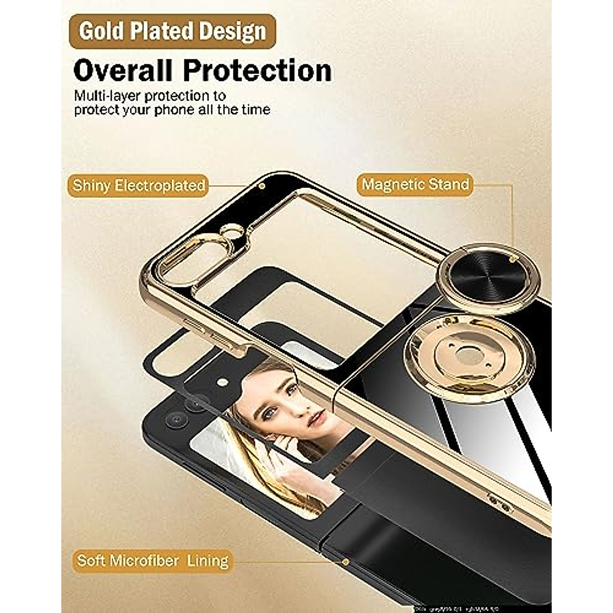 Jasmeas for Galaxy Z Flip 5 Case for Women Girl, Luxury Soft Back Cover with Ring Holder Plating Rose Gold Edge 360° Kickstand Slim Flexible Phone Case for Samsung Galaxy Z Flip5 (2023), Black