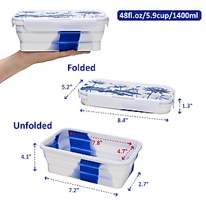 Annaklin Collapsible Food Storage Containers with Lids in Blue and White Porcelain China Style, 48oz, 4 Pack, Stackable Silicone Containers for Food Lunch, Microwave Freezer Dishwasher Safe, White