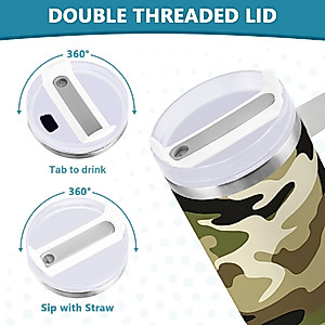 Jihqo Green Camouflage 40 oz Stainless Steel Vacuum Insulated Tumbler with Handle and Straw Lid, Leakproof Water Bottle Double Wall Travel Mug Coffee Cup, Cupholder Friendly