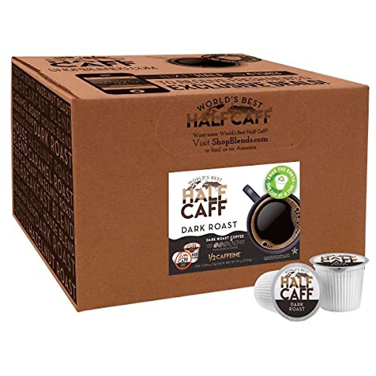 World's Best Half Caff Dark Roast Coffee 100ct. Solar Energy Produced Recyclable Single Serve Dark Roast Coffee Pods - 100% Arabica Coffee California Roasted, KCup Compatible