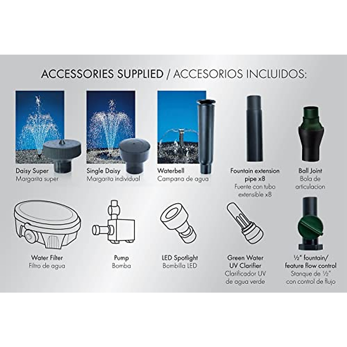 Pennington Aquagarden , Inpond 5 in 1, Pond & Water Pump, Filter, UV Clarifier, LED Spotlight and Fountain , All in One solution for a Clean, Clear and Beautiful pond , For Ponds up to 200 Gallons