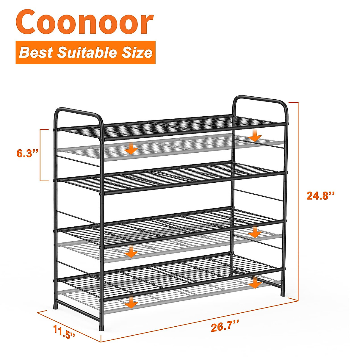 Coonoor 4 Tier Shoe Rack,Stackable and Adjustable Multi-Function Wire Grid Shoe Organizer Storage,Black