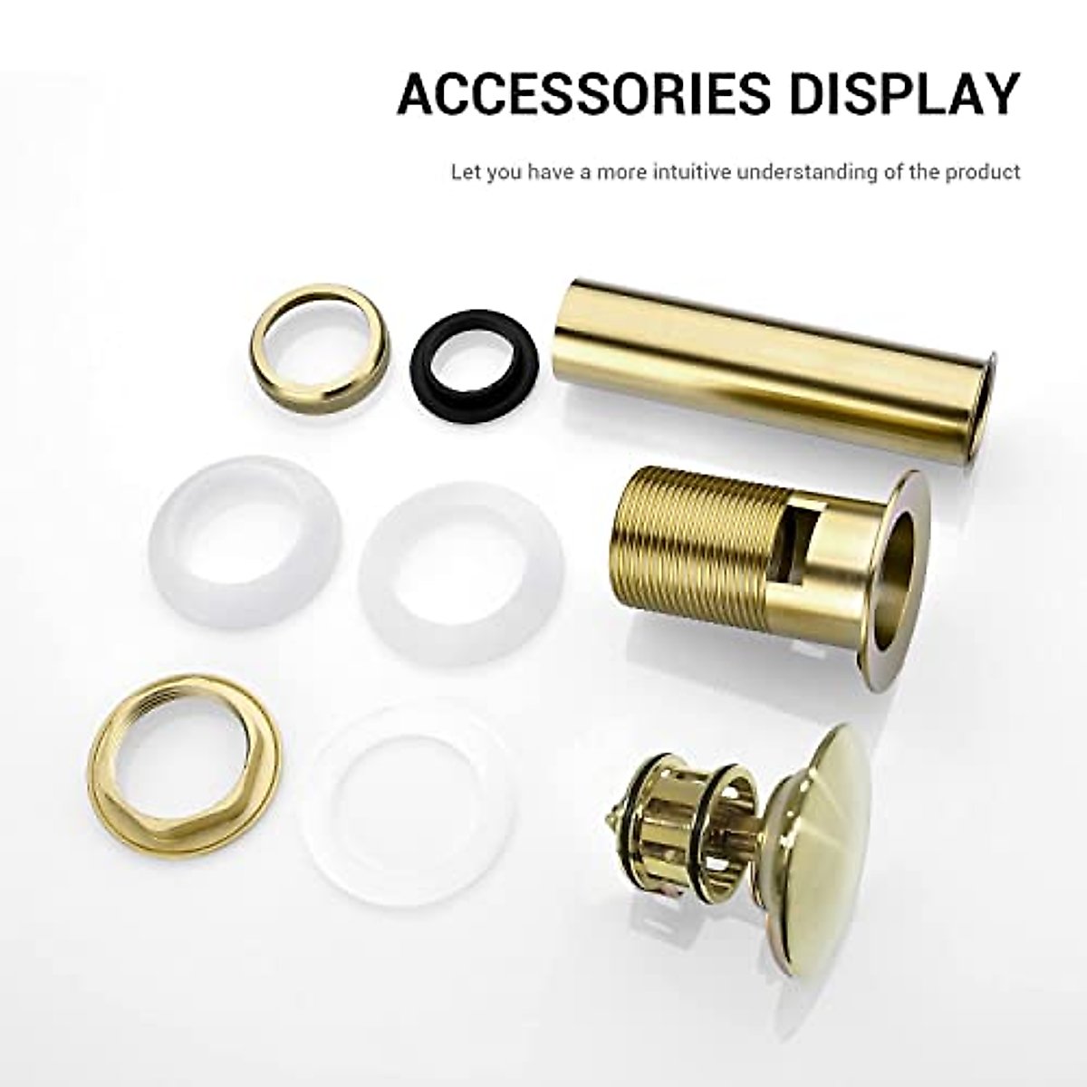 Pop Up Drain with Detachable Basket Stopper, Brass Overflow Bathroom Faucet Sink Drain with Built-in Anti-Clogging Strainer, Brushed Gold