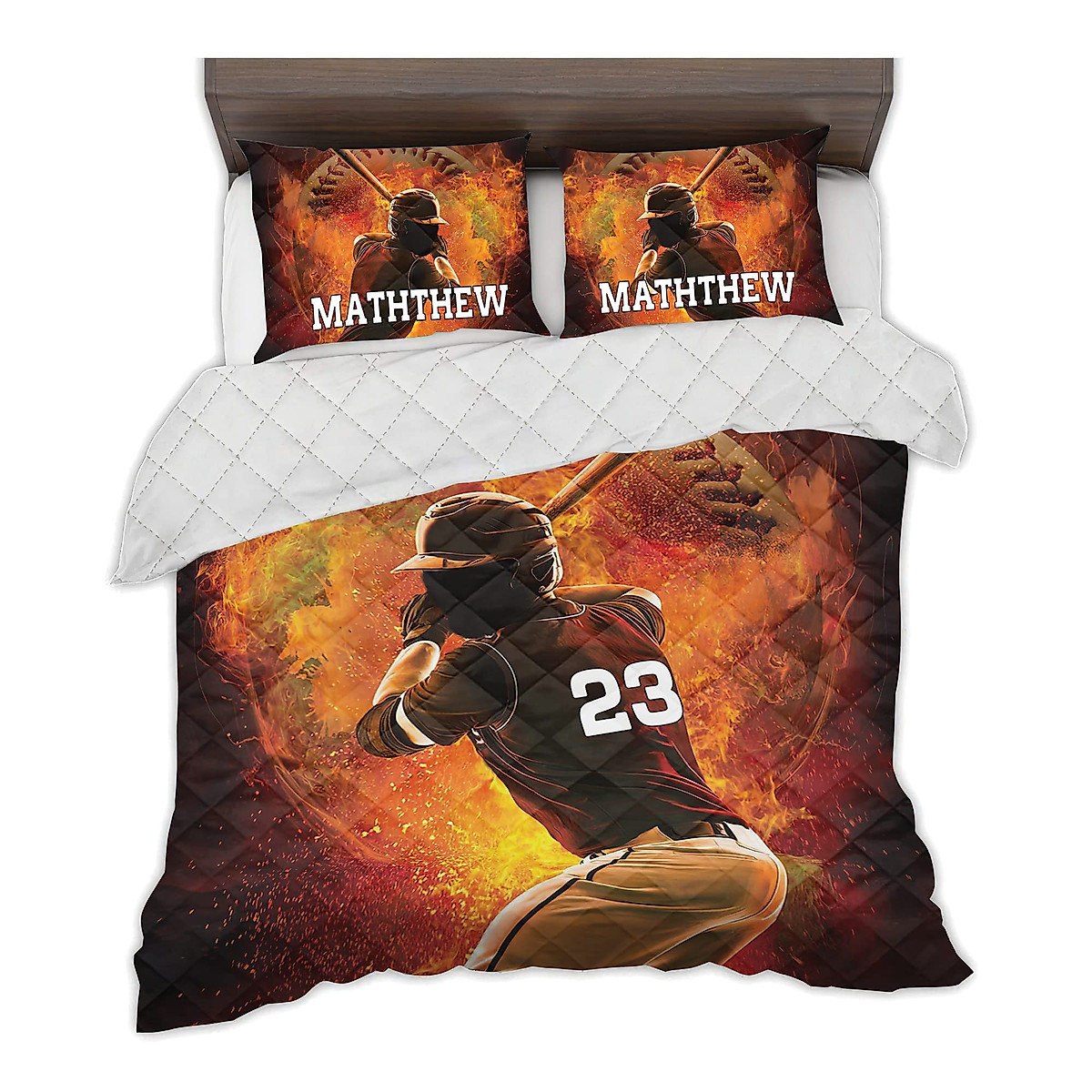 COZZBED Custom Flame Baseballer Quilt Set with Your Name, Baseball Bedding King Queen Twin Throw, Boys Baseball Comforter Set, Super Soft Lightweight All Season Baseball Blanket Bedspreads