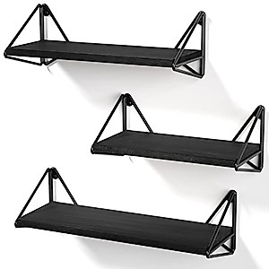 SRIWATANA Floating Shelves Wall Mounted, Rustic Wood Wall Shelves Set of 3 for Bedroom, Living Room, Kitchen, Bathroom - Black