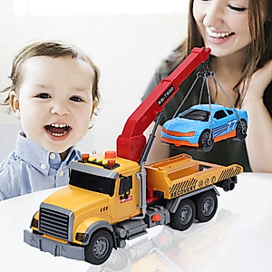IYEAM 15" Tow Truck Toy with Hooks and Car for Kids Boys Girls Friction Powered Truck Toy with Sound and Lights