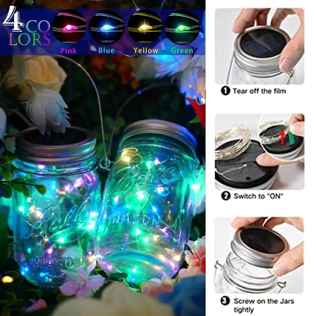 SunKite Solar Mason Jar Lights, 8 Pack 15 LED Waterproof Fairy Firefly Jar Lids String Lights with Hangers(NO Jars), Patio Yard Garden Wedding Easter Decoration - Multicolor