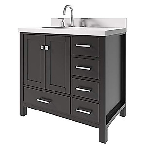 ARIEL Bathroom Vanity 37" Inch in Espresso with Pure White Quartz Counter-top, Left Offset Oval Sink, 2 Soft Closing Doors and 5 Full Extension Dovetail Drawers, No Mirror