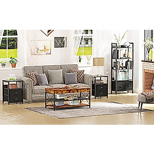 Furologee Nightstand with 2 Fabric Drawers, End Table with Storage Shelf, Industrial Bedside Table, Small Dresser Organizer Furniture Metal Frame for Living Room/Bedroom/Dorm/Hallway, Black Oak