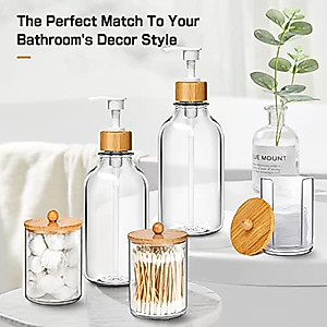 MIERTING Bathroom Accessories Set 5 Pcs, Bamboo Bathroom Accessory Sets Complete, Soap Dispenser and Toothbrush Holder Set, Qtip & Cotton Ball Holder, Boho Bathroom Decor, Housewarming Gift