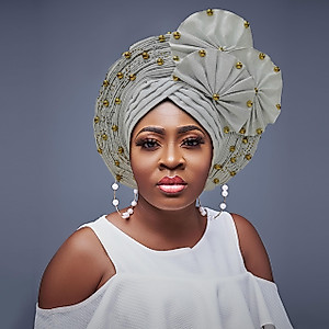 QliHut Nigerian Gele Headties With Beads And Stones African Headtie Women Head Wrap Already Made Auto (White,1)