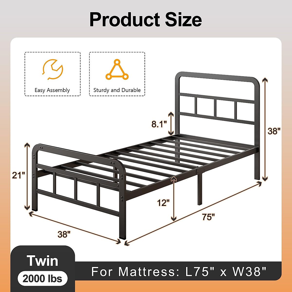 Lutown-Teen 12 Inch Twin Bed Frames with Headboard and Footboard, No Box Spring Needed, Heavy Duty Metal Mattress Foundation, Noise Free, Easy Assembly, Black