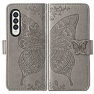 ONV Wallet Case for Samsung Galaxy Z Fold 3 - Crossbody Long Lanyard Butterfly Embossed Leather Folio Case Magnetic Card Slot Kickstand +TPU Shell for Samsung Galaxy Z Fold 3 [HZD] -Gray