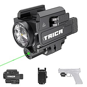 trica 800 Lumens Compact Green/Red Laser Light Combo, Compact Rechargeable Tactical Flashlight with Green Beam Quick Release Strobe Function Laser Light Combo with 1913 or GL Rail, Built-in Batter