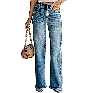 Sidefeel Women High Waisted 90 Flare Raw Hem Denim Jeans Wide Leg Pants Size 10 Blue