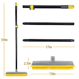 Pet Hair Broom Rubber Broom 59" Long Handle with Build-in Squeegee Silicone Broom for Sweeping Hardwood Floor Tile