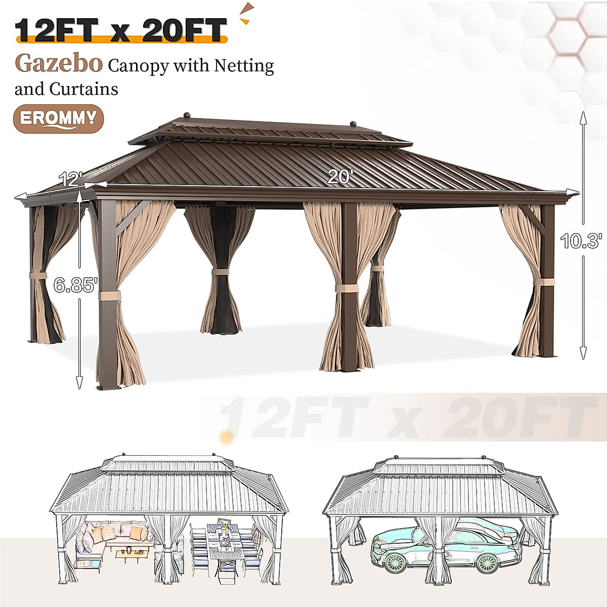EROMMY 12'x20' Hardtop Gazebo Double Roof Galvanized Steel Canopy Outdoor Aluminum Frame Permanent Metal Pavilion with Netting and Curtains for Patio Backyard Deck and Lawns