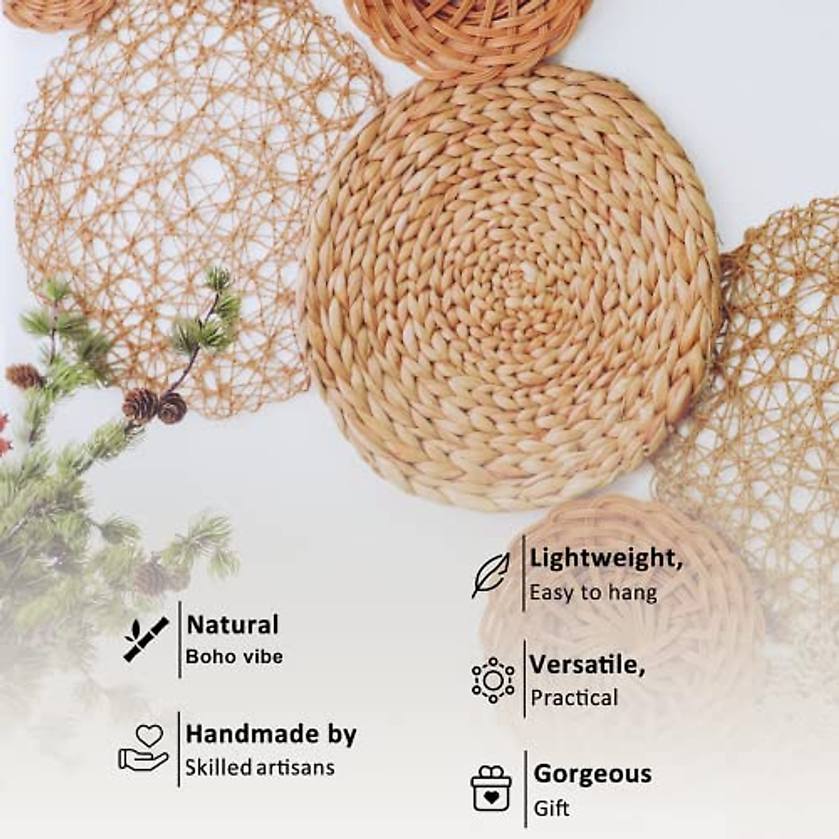 Tropdeli Wall Basket Decor - Set of 10 Wicker Wall Decor, Basket Wall Decor Set for Living Room and Bedroom - Unique Wall Decor - Ready to Hang with Nails