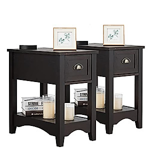 KOTEK End Table with Drawer and Open Shelf, Retro Narrow Side Table Nightstand w/Solid Wood Legs, Slim End Table for Small Space, Living Room, Bedroom, Home Office (Set of 2, Espresso)