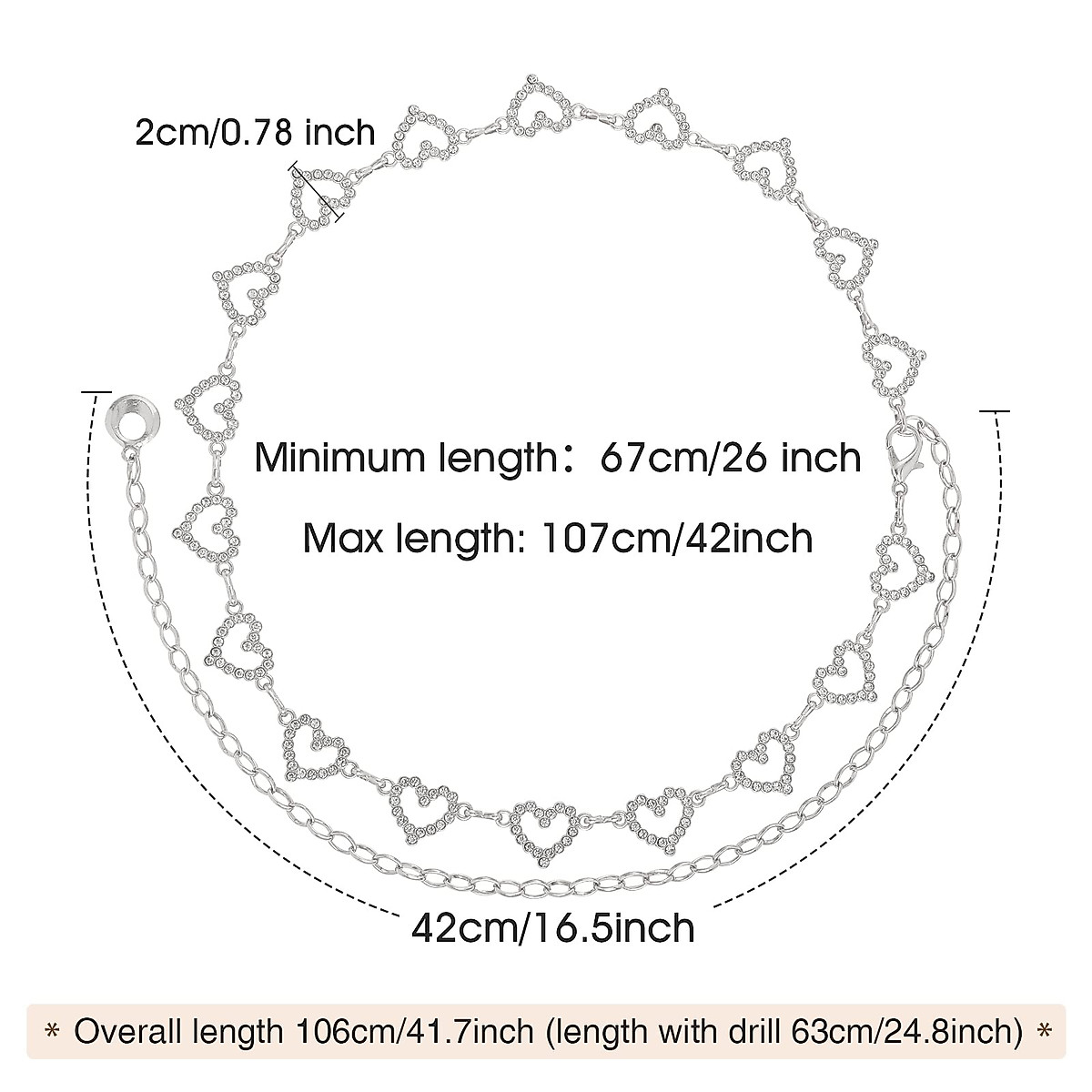 Silver Heart Chain Belt, Women Waist Chain Belt Metal Body Chain Belt Rhinestone Chain Belt for Dress