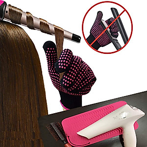 Heat Resistant Glove with Heat Resistant Mat for Curling Iron, Hair Straightener, Flat Irons, Silicone Bump Glove, 9” x 6.5” Food Grade Silicone Mat, Pink
