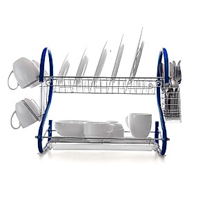 Megachef Iron Wire Contemporary Dish Drying Rack with Included Hangers, Utensil Compartment, and Drip Tray, 16 Inch, Blue and Silver Chrome