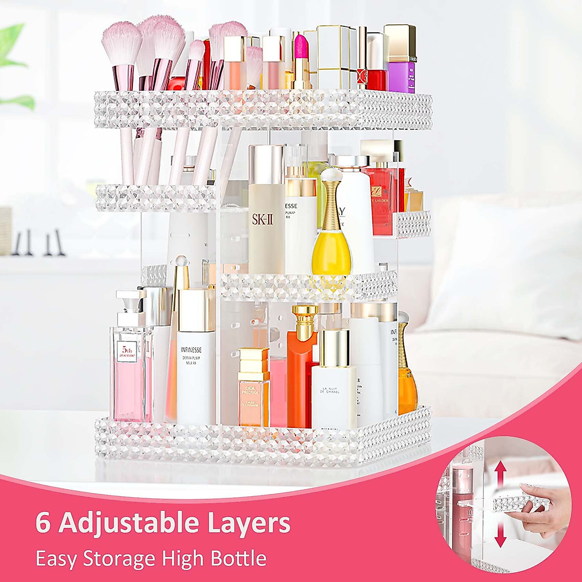 BOCONY Rotating Makeup Organizer, Large Capacity Cosmetic Display Case, Acrylic Skincare Organizer with Makeup Brush, Makeup Storage Organizer for Dresser Countertop and Bathroom Vanity - Clear