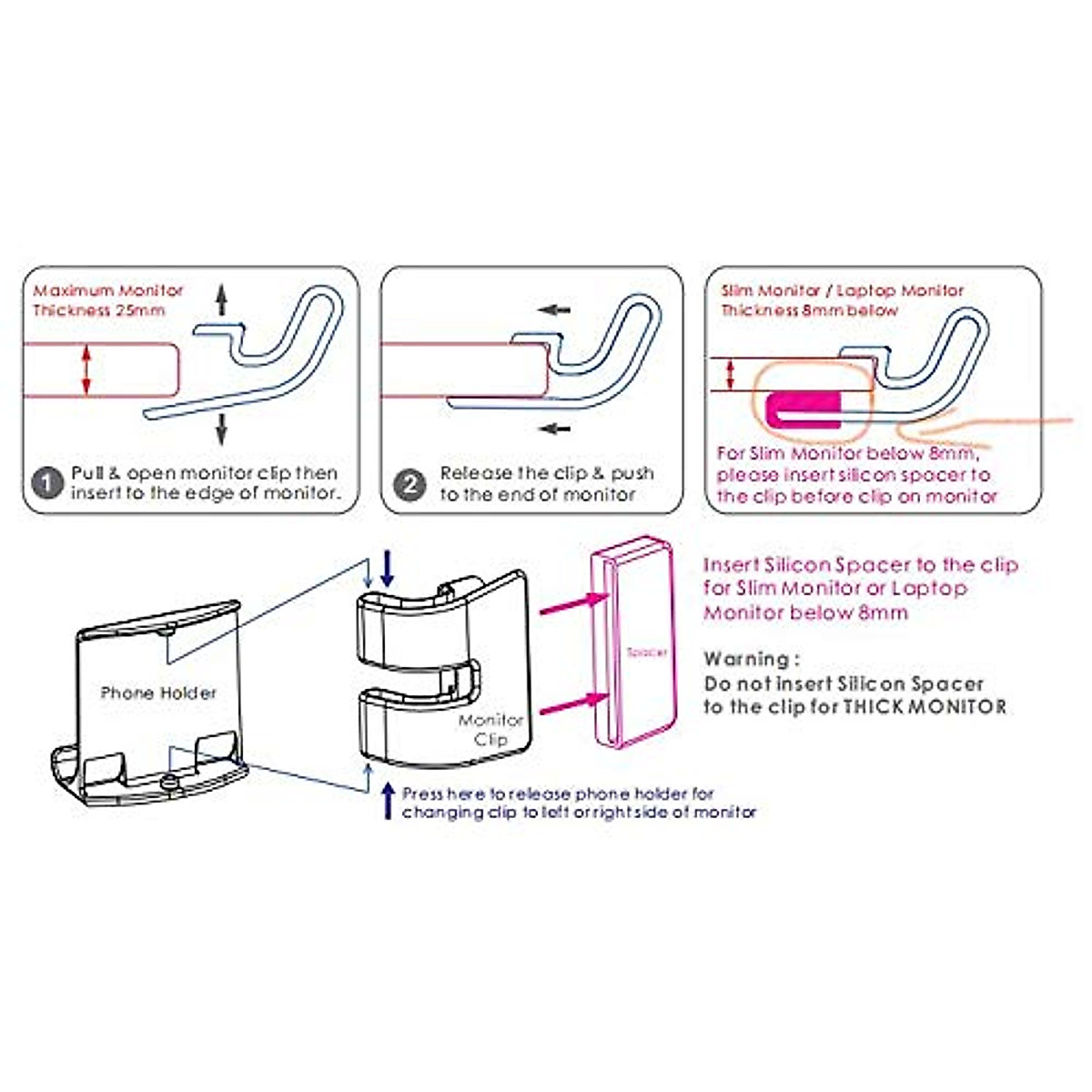 Mobile Phone Holder, That Clip on Monitor for Laptop or Desktop Within 25mm Thickness, Cell Phone Stand Smart Phone Dock Mobile mounts Phone Clip for Universal Computer Display, Cell Phone Mount