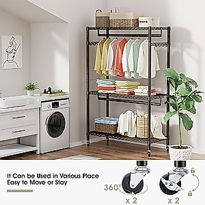 DEKYHOME Portable Closet, Clothing Rack with Storage Shelves, 3 Tiers Adjustable Wire Heavy Duty Rolling Garment Rack, Freestanding Closet Organization Systems with Double Rods and Side Hooks