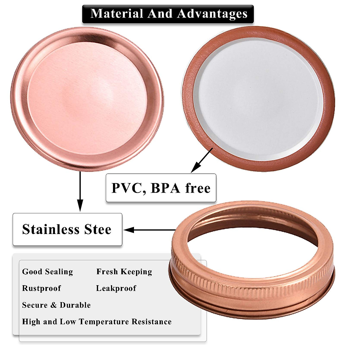 Mason Canning Lids and Rings,Aulufft 24 Sets Mason Jar Split-type Lids and Bands Leak Proof Secure Stainless Steel Mason Storage Covers, Rose Gold