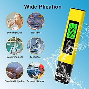 TDS Meter Digital Water Quality Tester,EC Meter & Temperature Meter 4 in 1,for Ro-Rodi System Drinking Water,Water Quality Tester 0-9990 PPM Measuring Range,1 PPM Increments（Yellow）