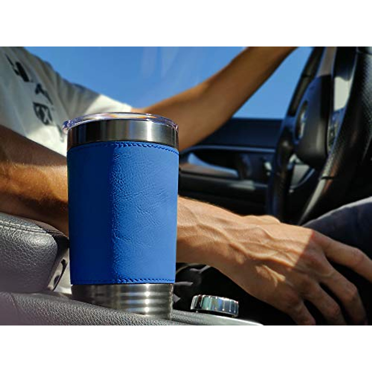 LaserGram 20oz Vacuum Insulated Tumbler Mug, Electrician, Personalized Engraving Included (Faux Leather, Blue)