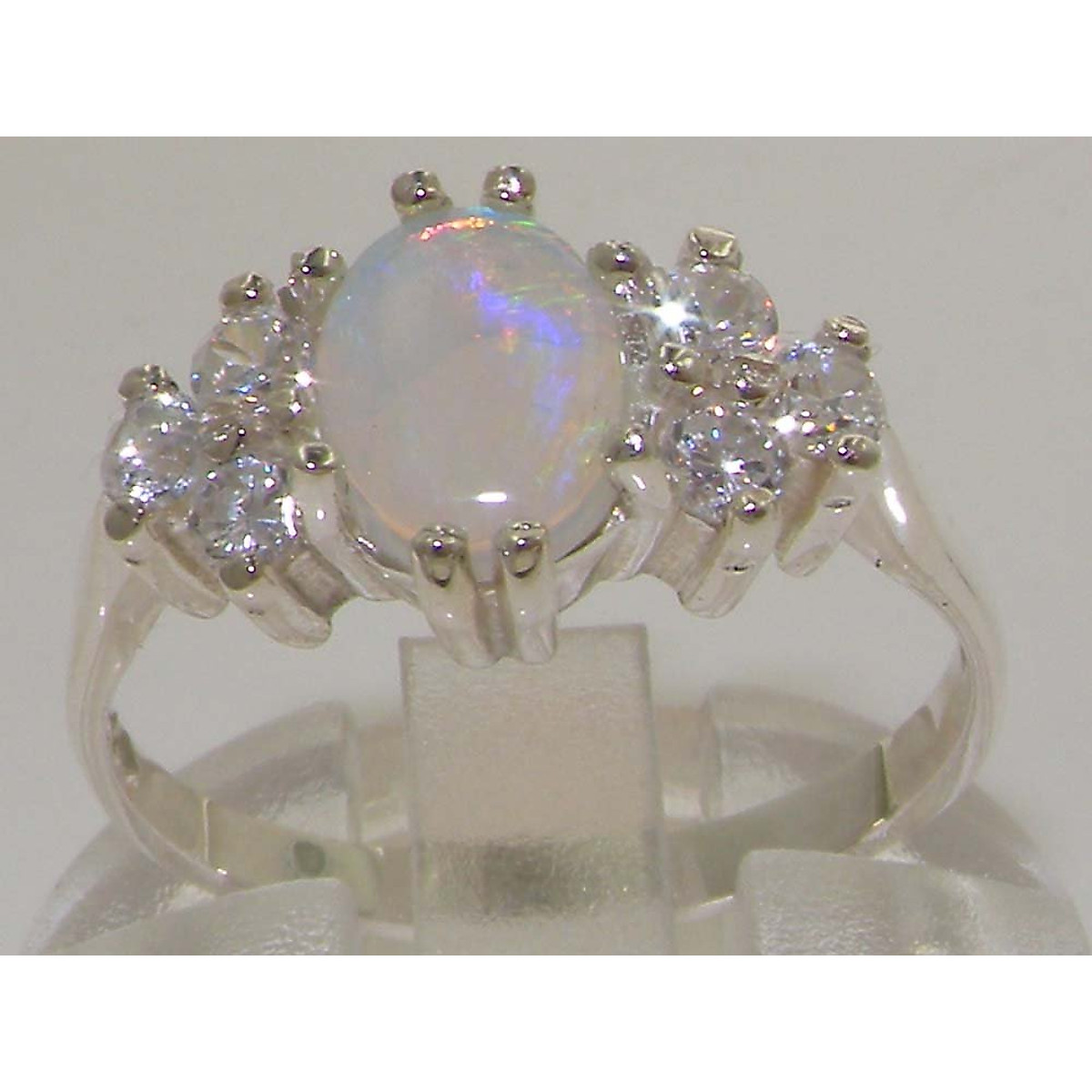LetsBuyGold 925 Sterling Silver Cubic Zirconia and Real Genuine Opal Womens Band Ring - Size 7