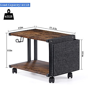 Printer Stand with Storage Bag Under Desk Printer Table on Wheels 2 Tier Small Desktop Rolling Stand Shelf for Fax Machine Scanner Files (Brown)