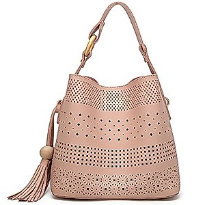Downupdown 2PC Handbags and Purse for Women Hollow Out Leather Top Handle Handbag Tassel Beach Bag Tote Bags Hobo Purses Set-Pink