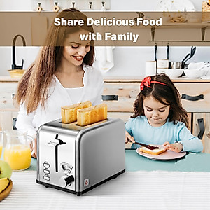 Simple Deluxe 1.5" Wide Slot 2-Slice Toaster, 5 Browning Setting and 3 Function, Retro Stainless-Steel Style, Removable Crumb Tray, Kitchen Essentials, for Bagel, Silver
